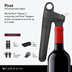 Coravin Pivot Plus Wine Preservation System - Preserve Wine for 4 Weeks - Pivot System, 1 Wine Aerator Attachment, 2 Capsules, 2 Wine Bottle Stoppers & 1 Bottle Sleeve - By-the-Glass Wine Saver