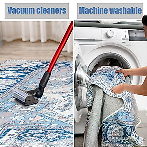 Area Rug 5x7 Washable Boho Vintage Rug with Non Slip Backing Soft Low-Pile Carpet Foldable Mat for Living Room Bedroom Dining Office, Light Blue/White