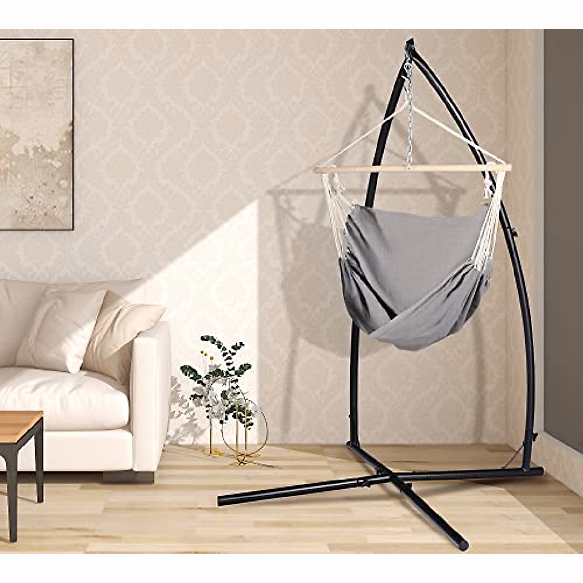 LAZZO Hanging Lounge Chair with Stand Indoor Outdoor Swing Chair Include X-Shaped Stand Lounge Chair Stand Set Hanging Egg Chair Swing Chair for Bedroom Cotton Hang Chair and Heavy Duty Steel Stand