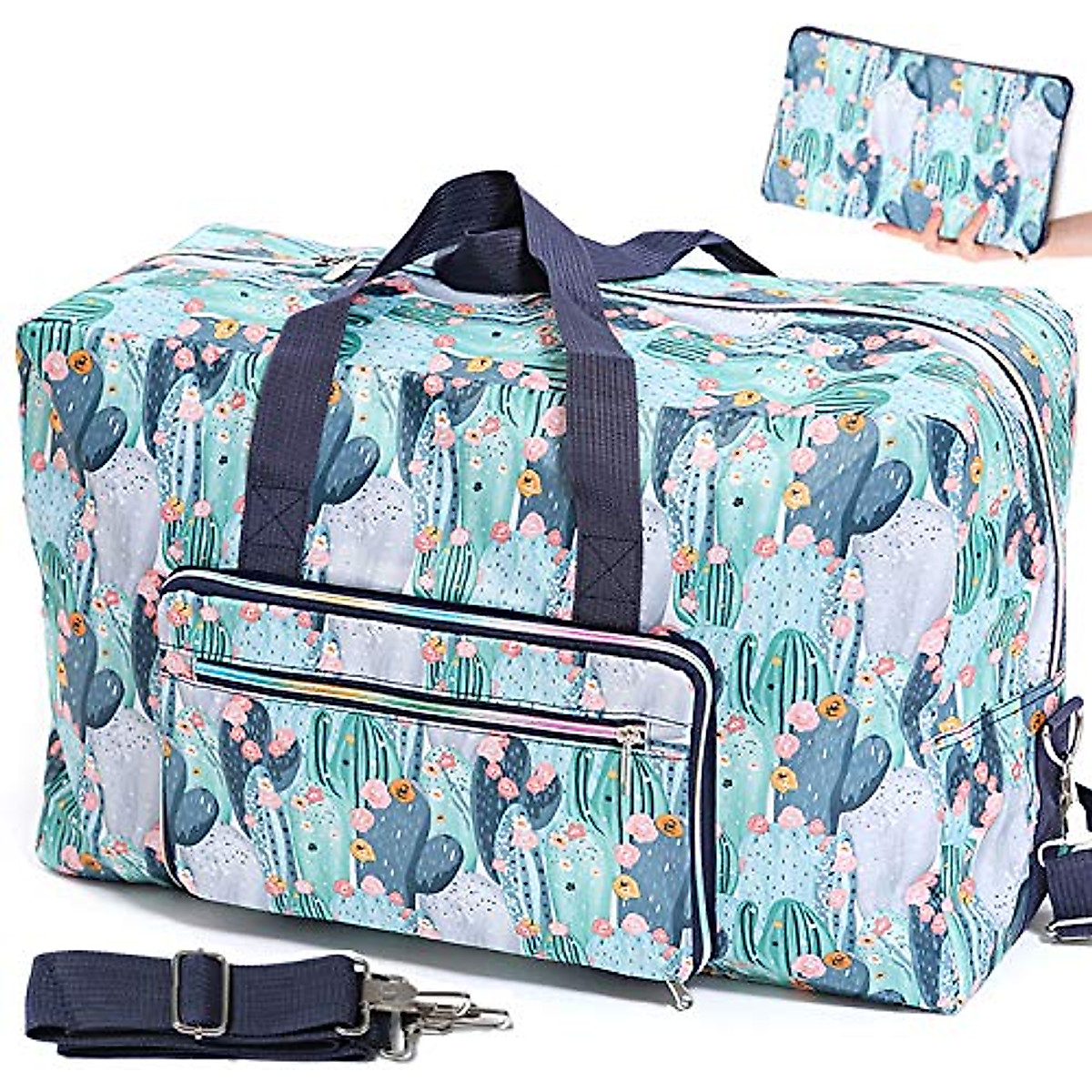 Foldable Travel Duffle Bag for Women Girls Large Cute Floral Weekender Overnight Carry On Bag for Kids Checked Luggage Bag (Z-Cactus)