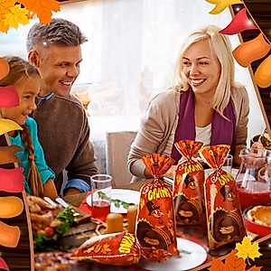 Zhanmai 100 Pcs Thanksgiving Fall Cellophane Bags Maple Leaves Goodie Treat Bags Autumn Pumpkin Candy Bags with 150 Gold Twist Ties for Thanksgiving Fall Party Supplies Gift Wrapping (Classic Style)