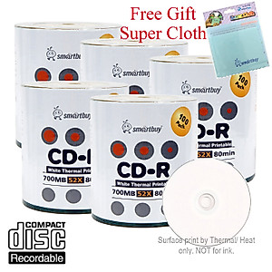 Smartbuy 500-disc 700mb/80min 52x CD-R White Thermal Hub Printable Recordable Disc + Free Micro Fiber Cloth