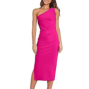 ANRABESS Women's Summer One Shoulder Ruched Bodycon Sleeveless Slit Cocktail Party Wedding Midi Dresses Ci872-meihong-L