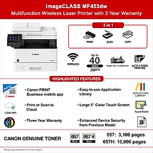 Canon imageCLASS MF453dw All-in-One Wireless Monochrome Laser Printer | Print, Copy, & Scan| | 5" Color Touch LCD | One Pass Duplex Scan