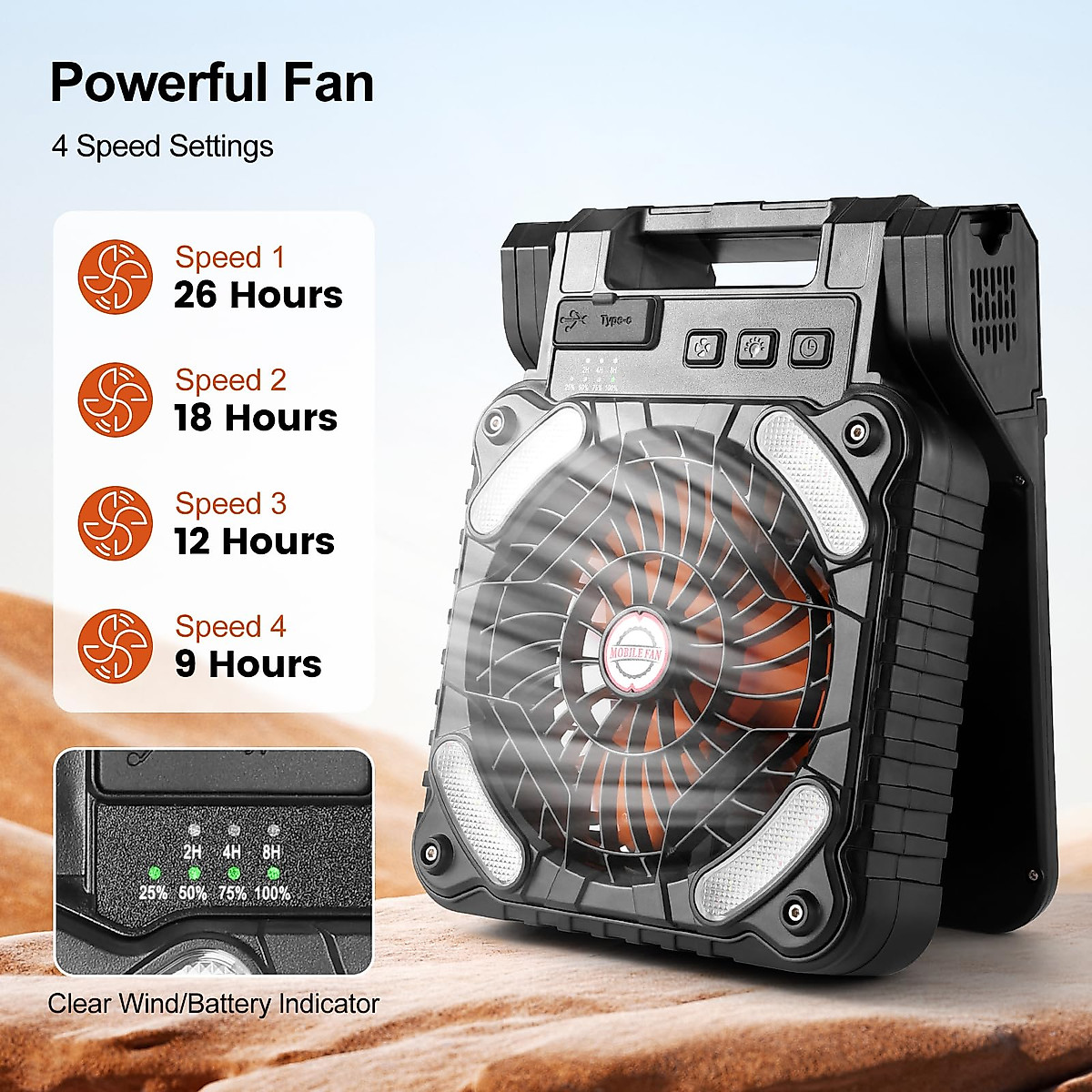 Odoland Protable Solar Camping Fan, 10400mAh Rechargeable Battery Operated Folding Fan with LED Light, 4 Speeds Powerful Wind, 3 Timer for Picnic Tent Fishing Beach Car Home Power Outage