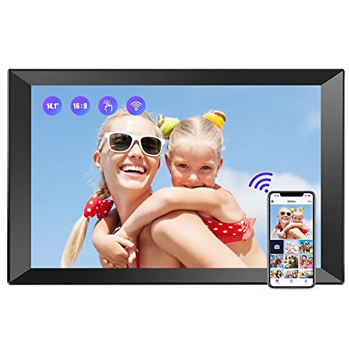 BIGASUO 14.1 Inch Large Digital Picture Frame with 1280x800 IPS HD Touchscreen, Built-in 16GB Storage WiFi Smart Photo Frame, Share Photos and Videos Remotely via APP, Auto-Rotate, Wall- Mountable