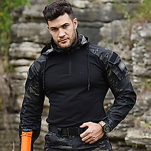 HAN·WILD Men's Tactical Shirt Combat Airsoft Long Sleeve Shirts with Elbow Pads Camo Military T-Shirt with Hood