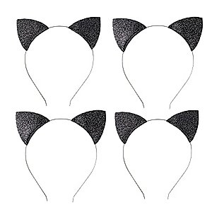 JiaDuo 4 Pack Cat Ears Headband Black Glitter Cat Hairband for Girls Women Halloween Costume Accessories for Noir Catwoman