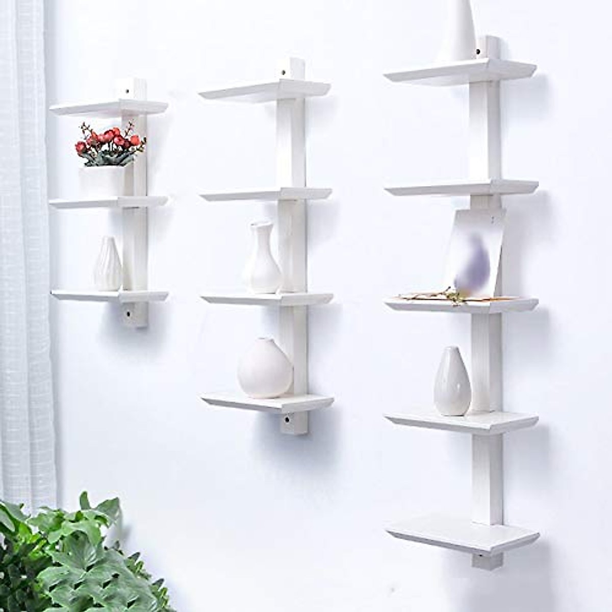 PIBM Stylish Simplicity Shelf Wall Mounted Floating Rack Wooden Solid Wood Storage Shelves Books Collection Display,3 Colors Avaliable,3 Layers / 4 Layers / 5 Layers, White , 20X66.2cm