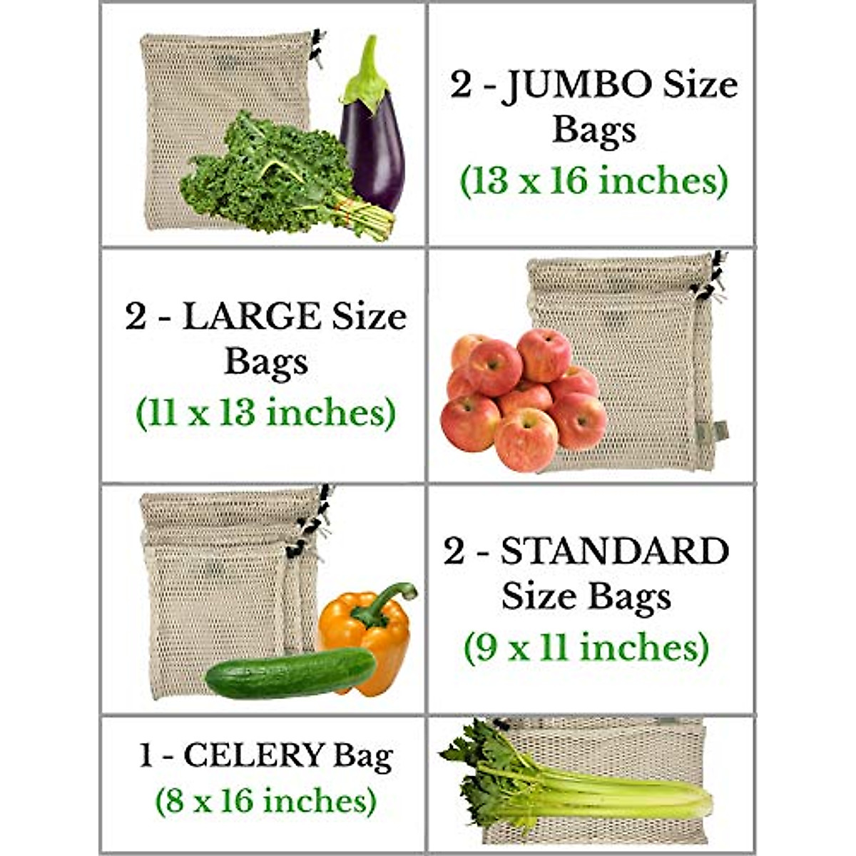 ZERO WASTE ORGANIC COTTON MESH REUSABLE PRODUCE BAG SET | Premium Washable Bags for Fresh Fruits & Vegetables | Compostable, Biodegradable | Sustainable Alternative to Plastic Bags | 4 Sizes | 7 Bags