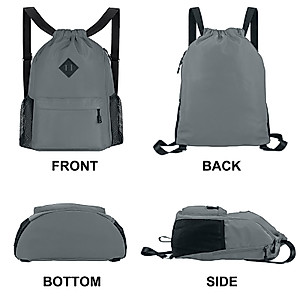 Oziral Drawstring Backpack Water-Resistant Sports Gym Bag with Shoe Compartment and Two Side Mesh Pockets String Backpack for Men and Women (Grey)