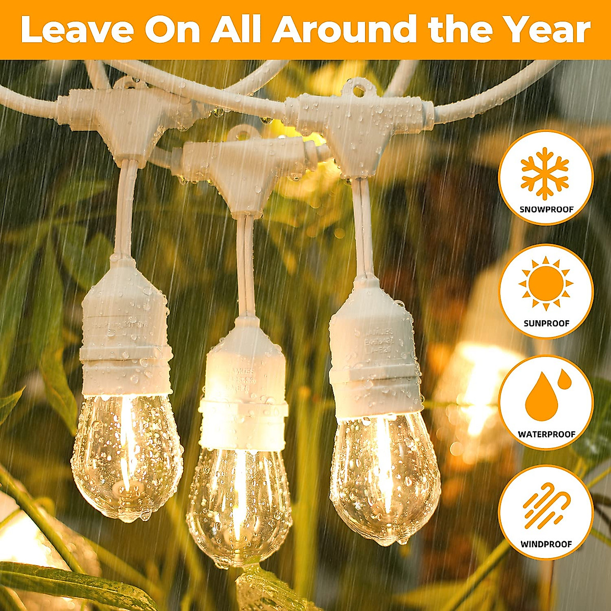 96FT(48×2) LED Outdoor String Lights for Patio with Waterproof Shatterproof Dimmable 2700K Warm White Bulbs, E26 15 Sockets, White Wire Commercial Grade Hanging Lights for Porch Cafe Backyard