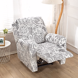 Stretch Recliner Cover Printed Chair Slipcovers 4 pcs in 1 Set Recliner Covers with Pockets 1 seat Printed Fallon Collection Slipcover Recliner Furniture Protector, Elastic Bottom (Wild Flower, 1 Set)