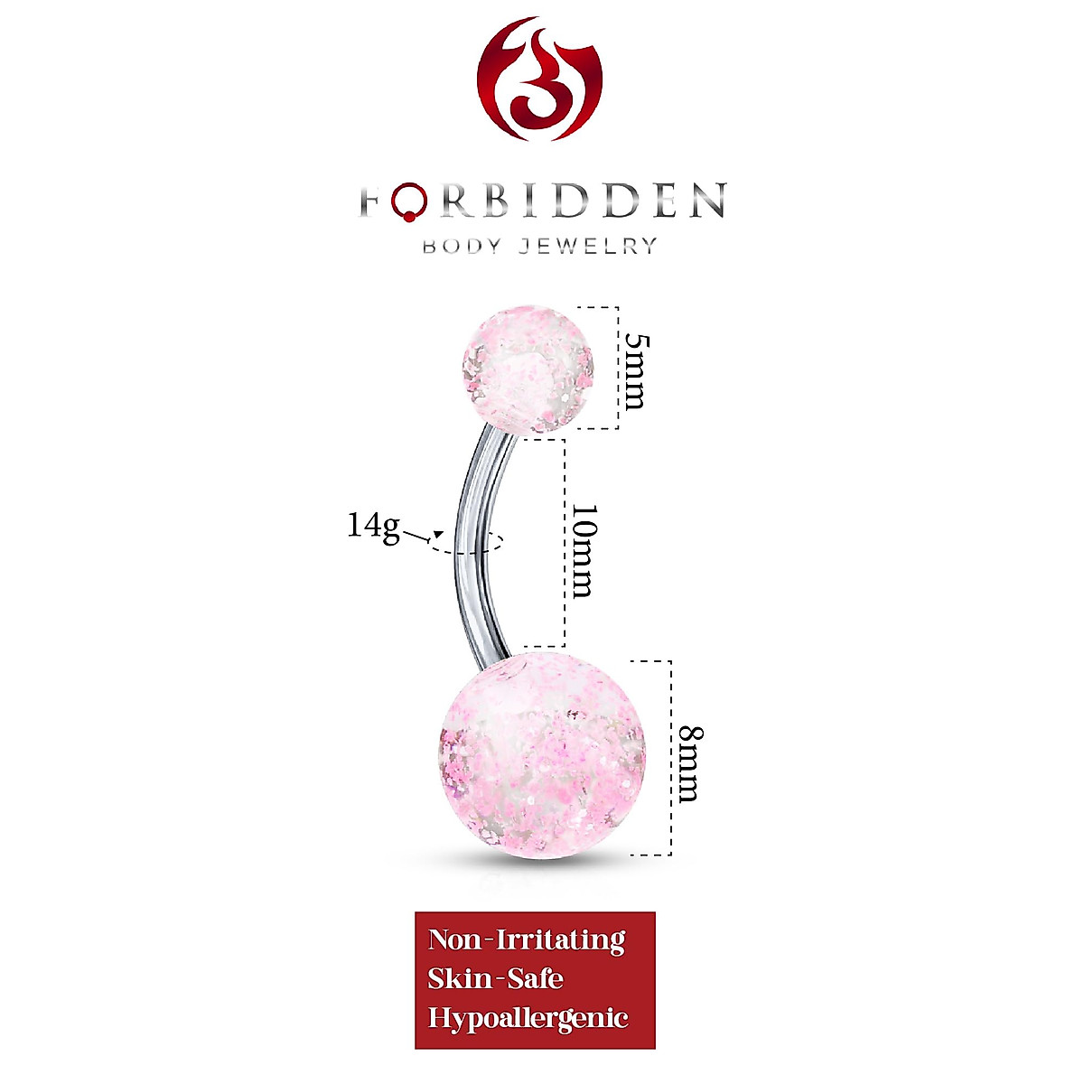 Forbidden Body Jewelry 14g Grade 23 Titanium Pink Ultra Glitter Acrylic Double Ball Belly Button Ring