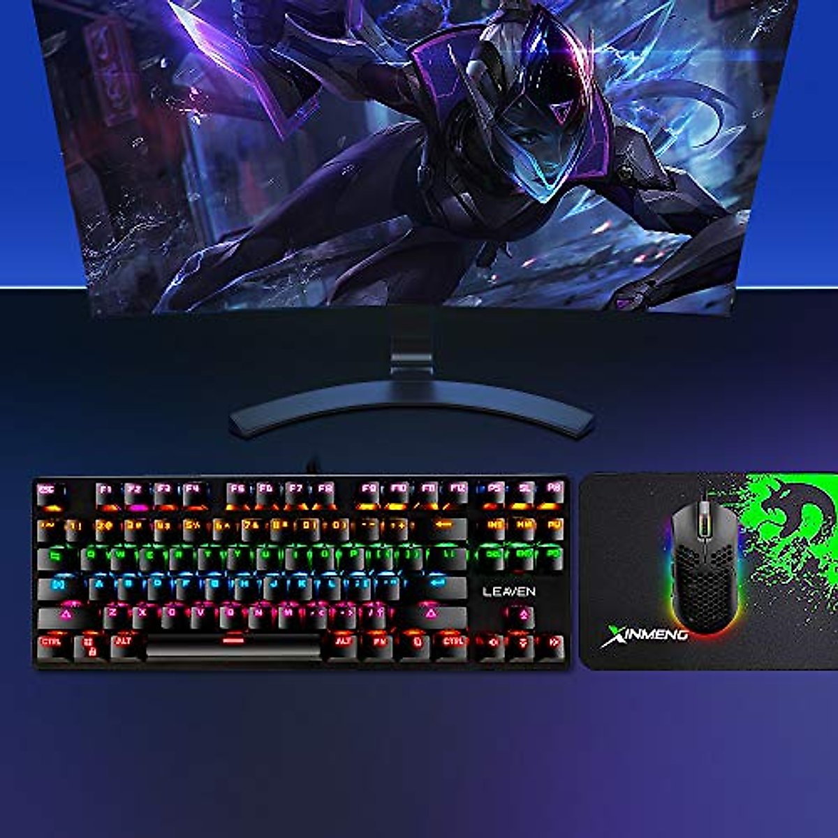 Mechanical Gaming Keyboard and Mouse Combo,87 Keys Compact Rainbow Backlit Keyboard,RGB Backlit 6400 DPI Lightweight Gaming Mouse with Honeycomb Shell for Windows PC Gamers