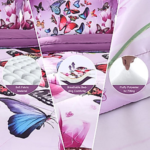 ENCOFT Purple Butterfly Comforter Sets Full Size 3 Pieces, Girls Teen Kids Quilted Bedspread Comforter Bedding Sets, Butterfly Bedding Sets Full