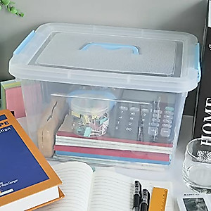 Hespama 12 Quart&6 Quart Storage Bin, Plastic Latching Box/Container with Clear Lid, Blue Handle and Latches