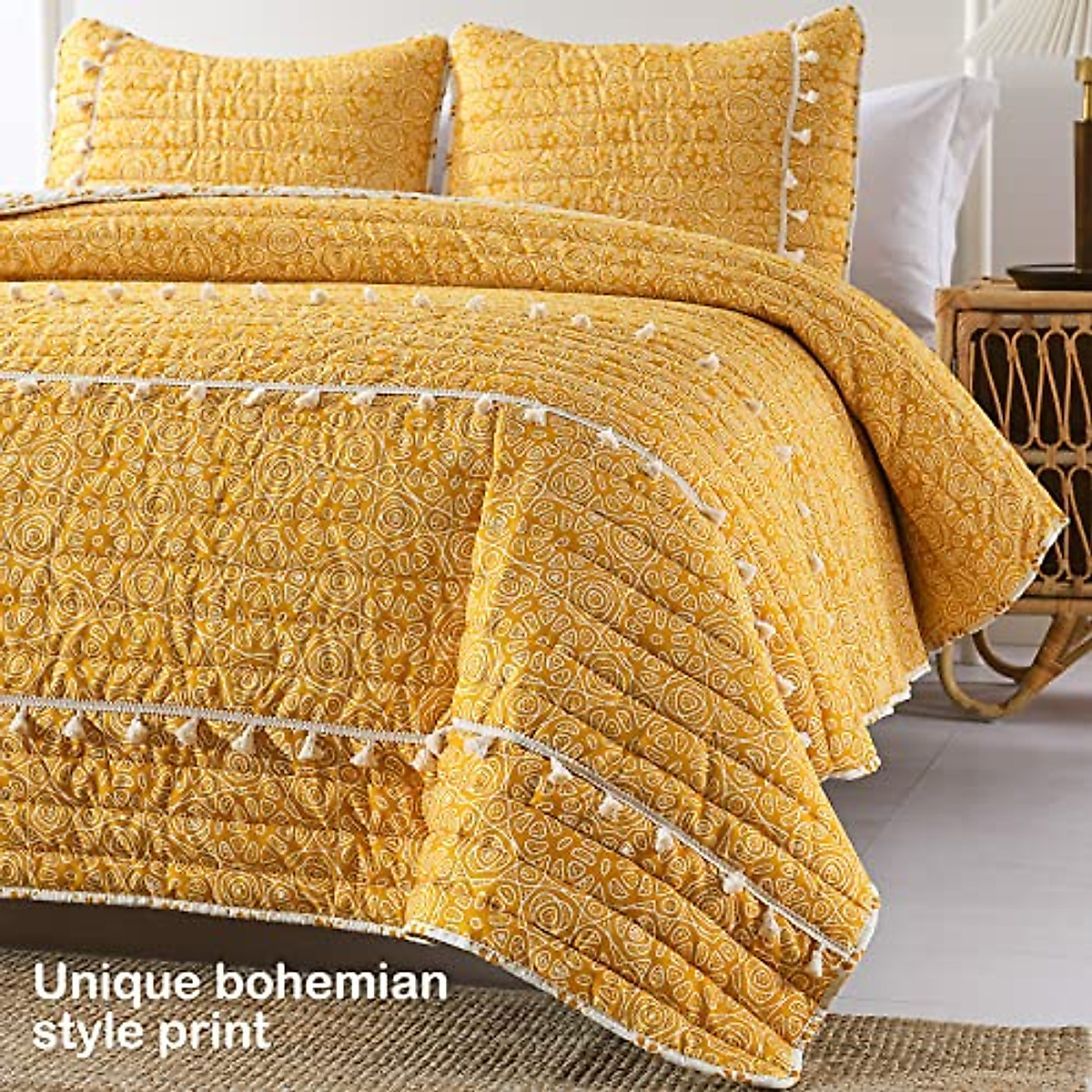 HORIMOTE HOME Boho Style Yellow Queen Quilt Set with Tassle, Soft and Lightweight Bedspread for All Season, Full Size Bed Coverlet with 2 Matching Pillow Shams (3 Pieces)