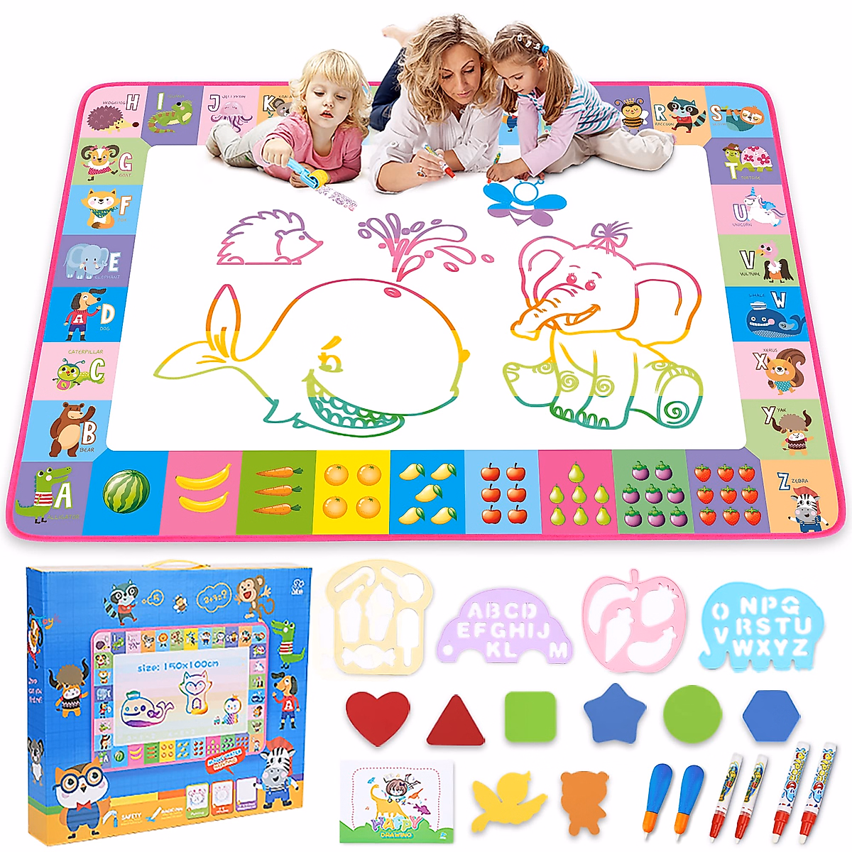 Water Doodle Mat - Kids Painting Writing Doodle Toy Board - Color Doodle Drawing Mat Bring Magic Pens Educational Toys for Age 3 4 5 6 7 8 9 10 11 12 Year Old Girls Boys Age Toddler Gift (Pink)