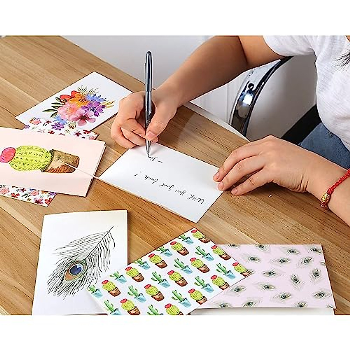 48-Pack All Occasions Cards with Envelopes, 6 Watercolor Floral Peacock Feather Designs, Blank Insides for Anytime, Birthdays, Wedding, 4x6