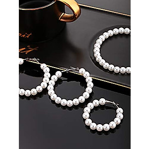 3 Pairs Pearl Hoop Earrings Pearl Earrings for Women Girl Brides Gift (Silver Earring Needle)