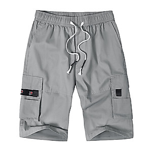 ELETOP Men's Cargo Shorts Casual Cotton Elastic Waist Work Shorts Drawstring Big Tall Classic Stretch Shorts A901 Silver Grey 4XL