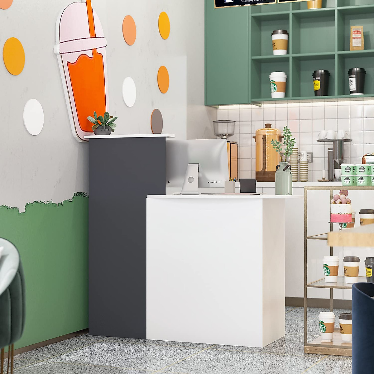 AIEGLE Reception Desk, Front Counter Desk with Lockable Drawers, for Salon Reception Room Checkout Office, White Round Table & Dark Grey Counter (50" L x 23.6" W x 43.3" H)