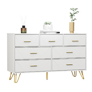 JOZZBY White Dresser for Bedroom, 7 Drawer Wooden Dresser with Gold Handles, Modern Storage Dressers & Chests of Drawers for Hallway, Entryway
