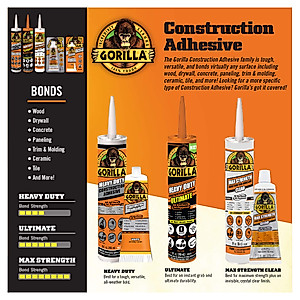 Gorilla Max Strength Clear Construction Adhesive, 2.5 Ounce Squeeze Tube, Clear, (Pack of 1)
