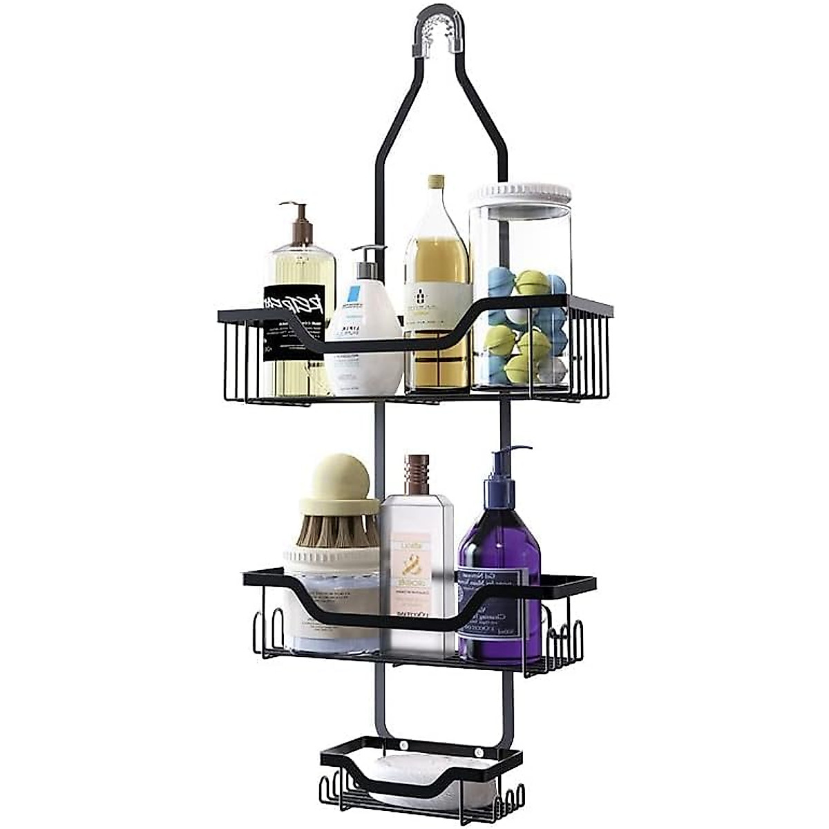 MLHpeak Shower Caddy Over Shower Head Rustproof Aluminum Large Hanging Shower Caddy with 12 Hooks for Razor/Sponge and Vacuum Suction Cups - Over The Shower Head Caddy with Soap Basket (Matte Black)