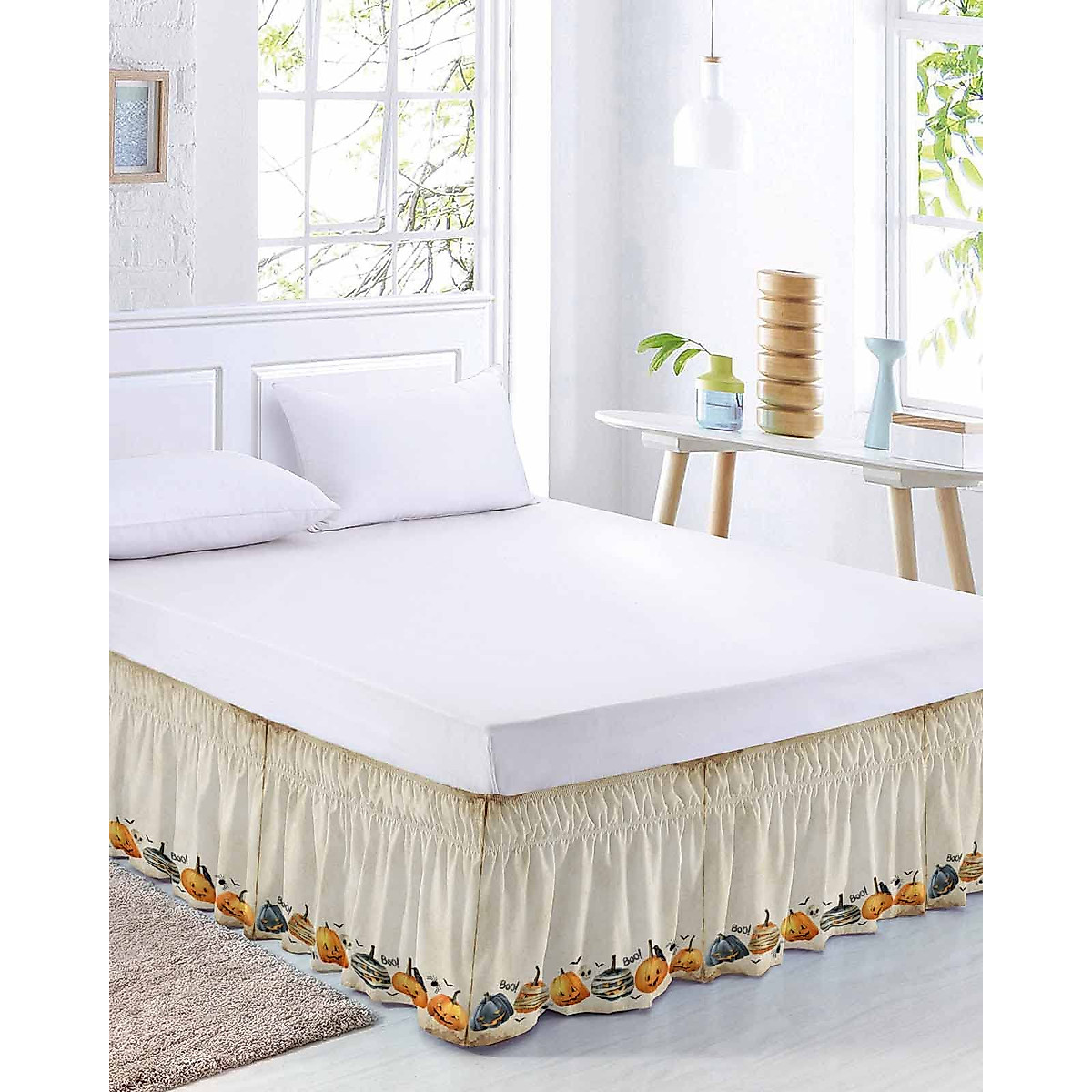 Halloween Bed Skirt Cal King Size 18 Inch Drop,Adjustable & Elastic Wrap Around Bed Skirts Pleated Luxury Ruffles for Twin Full Queen Cal King Bed,Pumpkins Skull-Boo Black Fall Bat Cat Crow SPI-der