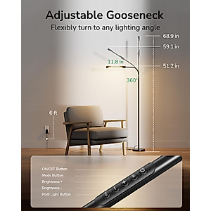 ULG 【Upgrade】 Double Side LED Floor Lamp, Tall 360° Adjustable Gooseneck Standing Reading Lamp for Bedroom, RGB & Dimmable Bright Task Light with 3000K-6500K Color Temps, Eyelash LED Floor Light