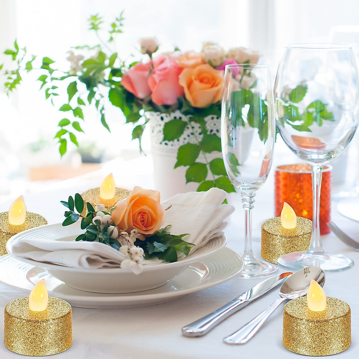 Mudder 24 Pieces Gold Tea Lights LED Candles Tealights Flameless Votive Battery Operated Tea Lights Electric Glitter Flickering Tealight for Valentines Holiday, Wedding, Festival Gift, Party Decor