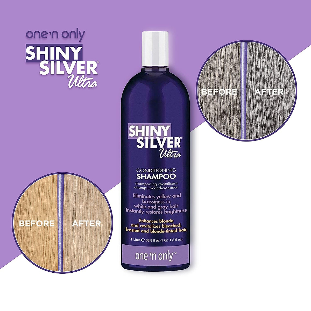 One 'n Only Shiny Silver Ultra Conditioning Shampoo, Restores Shiny Brightness to White, Grey, Bleached, Frosted, or Blonde-Tinted Hair, Protects Hair Color - 1 Liter