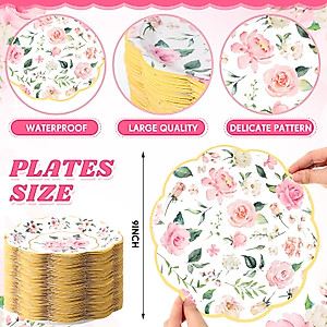 48 Pcs Floral Paper Plates 9 Inch Flower Disposable Party Plates Pink Floral Dinner Plates Wedding Gold Foil Edge Plate Tea Party Decoration for Bridal Shower Baby Shower Birthday