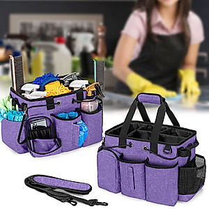 LoDrid Large Wearable Cleaning Caddy Bag with Detachable Divider, Cleaning Organizer with Handles, Cleaning Supply Tote with Adjustable Shoulder Strap for Cleaners & Housekeepers, Purple