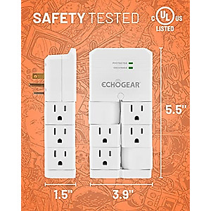 ECHOGEAR On-Wall Surge Protector with 6 Pivoting AC Outlets & 1080 Joules of Surge Protection - Low Profile Design Installs Over Existing Outlets to Protect Your Gear (White)