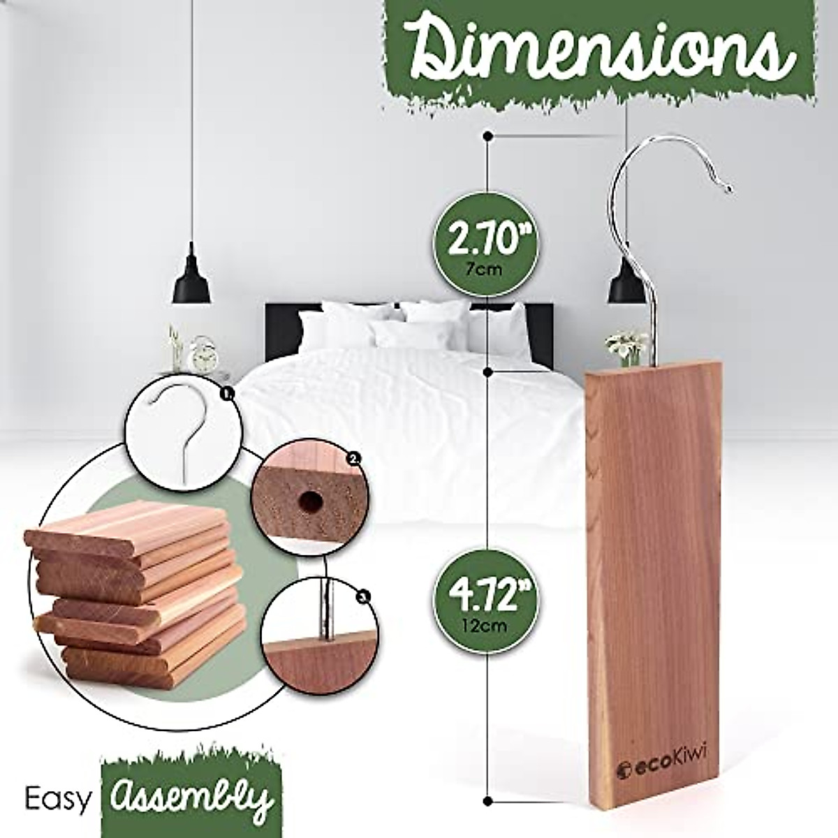 ecoKiwi Cedar Blocks for Clothes Storage - 20 Pack Cedar Hangers - Natural Cedar Wood for Closet Planks - Pet Safe Hanging Cedar Planks with Sandpaper - Scented Closet Freshener Protection & Control