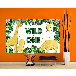TUTA Large Wild One Banner | 1st Birthday Party Supplies Decoration | Jungle Safari Animal 1st Bday Party Banner | Baby First Birthday Backdrop Background for Boy or Girl Green - 6.6 x 3.3 FT