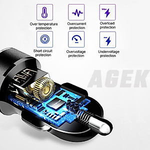 AGEK Car Charger, 4 Port USB C Car Adapter, PD 3.0 & QC 3.0 Fast Charging, Voltage Display, LED Atmosphere Light, Wide Compatibility for iPhone, Samsung, iPad & Tablets