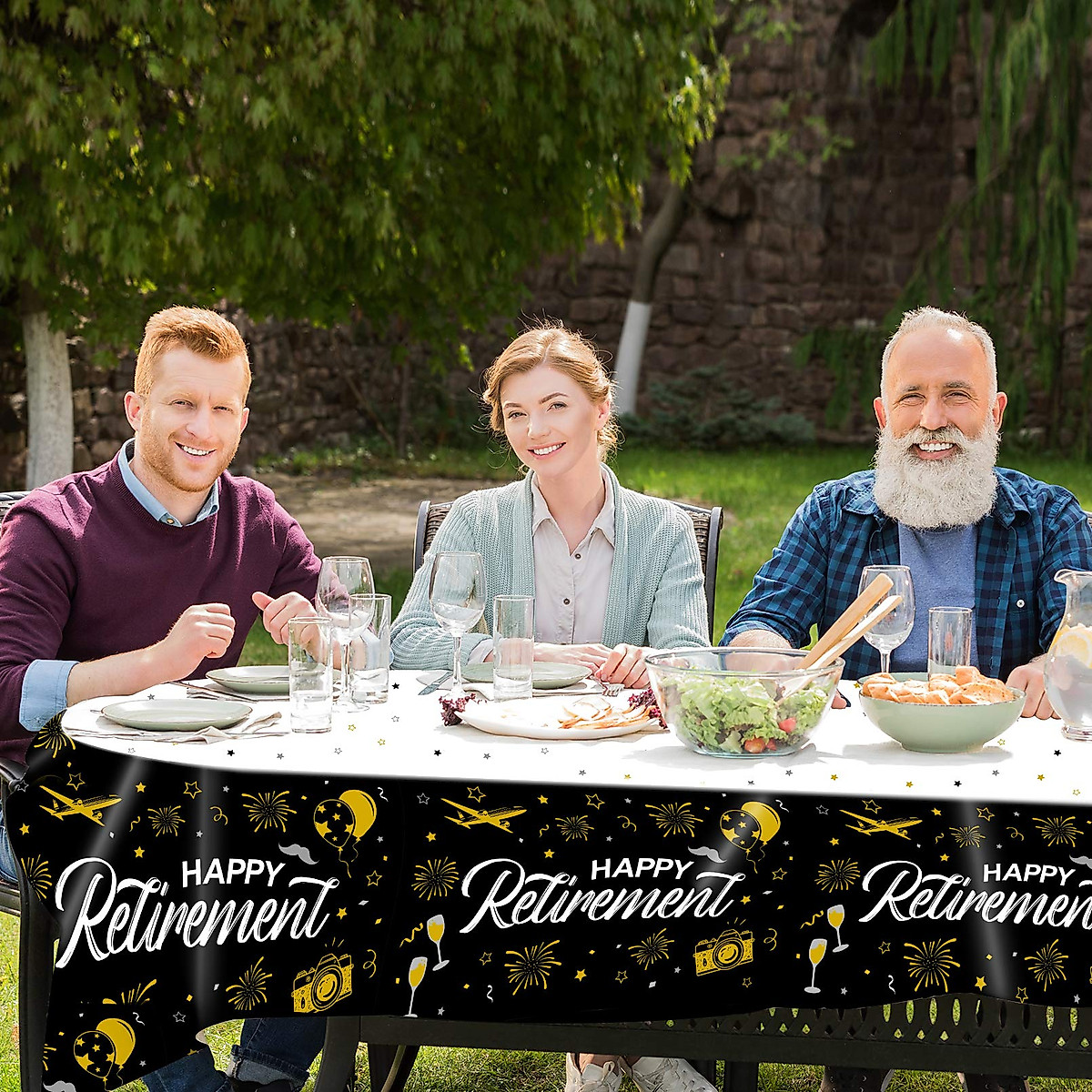 Retirement Decorations, 3pcs Black and Gold Happy Retirement Tablecloth, Plastic Disposable Rectangle Table Cover for Retirement Party Favor Decorations- 54" x 108"