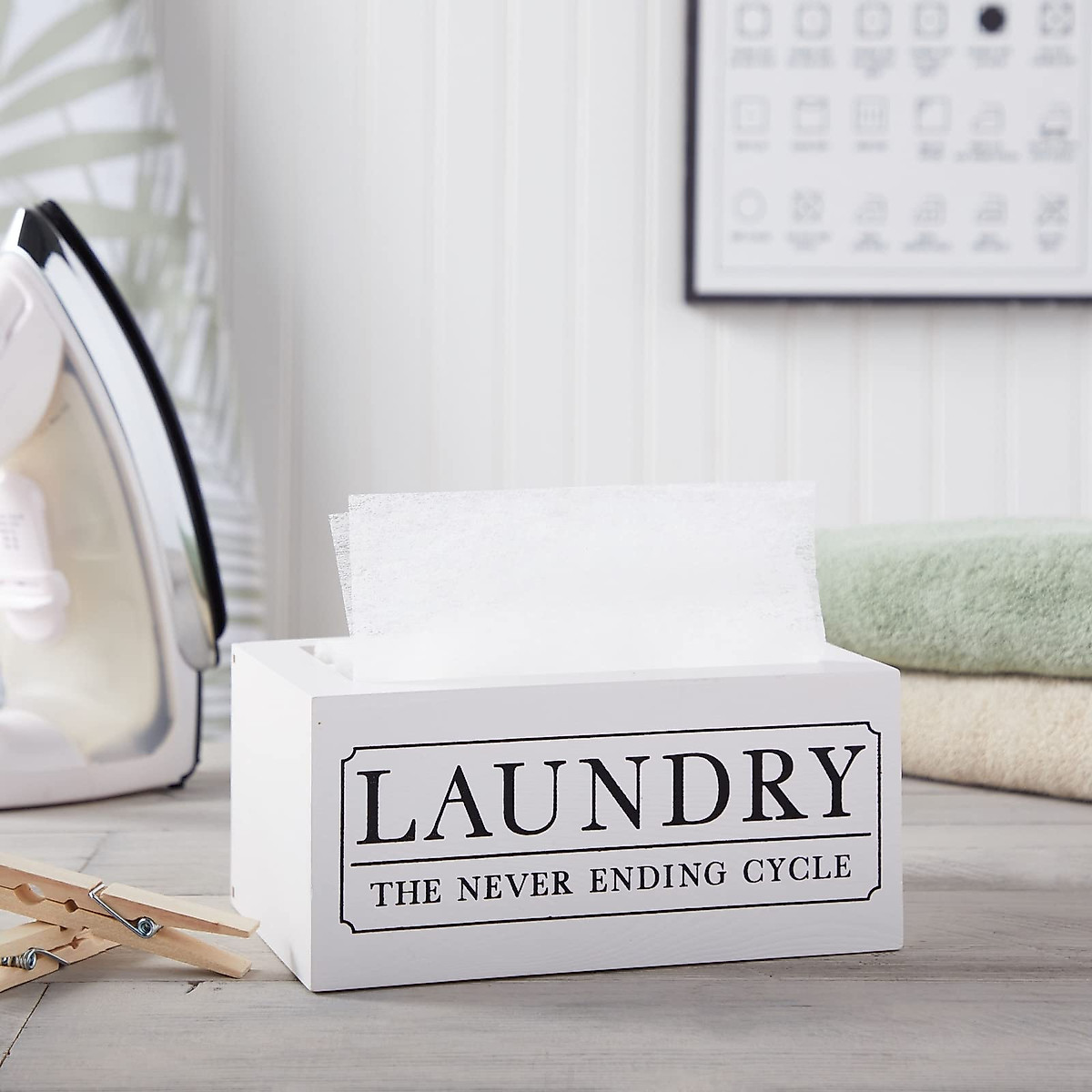 Farmlyn Creek Dryer Sheet Holder for Laundry Room Organization, Farmhouse-Style Decor, Dryer Sheet Box Cover for Softener Dispenser, Washroom, Holds 120 Sheets (White, 8x5x4 In)