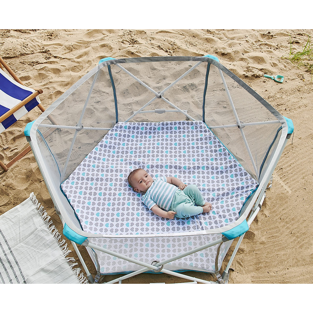 Regalo My Portable Play Yard Deluxe with Removable Pad, Indoor and Outdoor, Bonus Kit, Aqua, 6-Panel