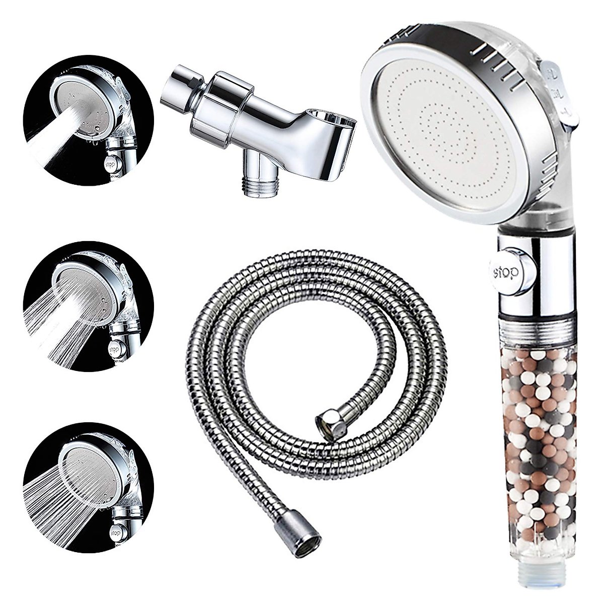 KAIYING Filtered Shower Head with Pausing Switch, High Pressure Hand Held Detachable and Removable Filter Showerhead with 5Ft Hose, Adjustable Angle Bracket (Transparent)