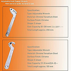 Wadoy Adjustable C Spanner Hook Wrench Chrome Vanadium 3/4-2"(19-51Mm)+2-4 3/4"(51-121Mm) Spanner Set-Used to Tighten Side Slot Nuts on Collars, Lock Nuts and Bearings