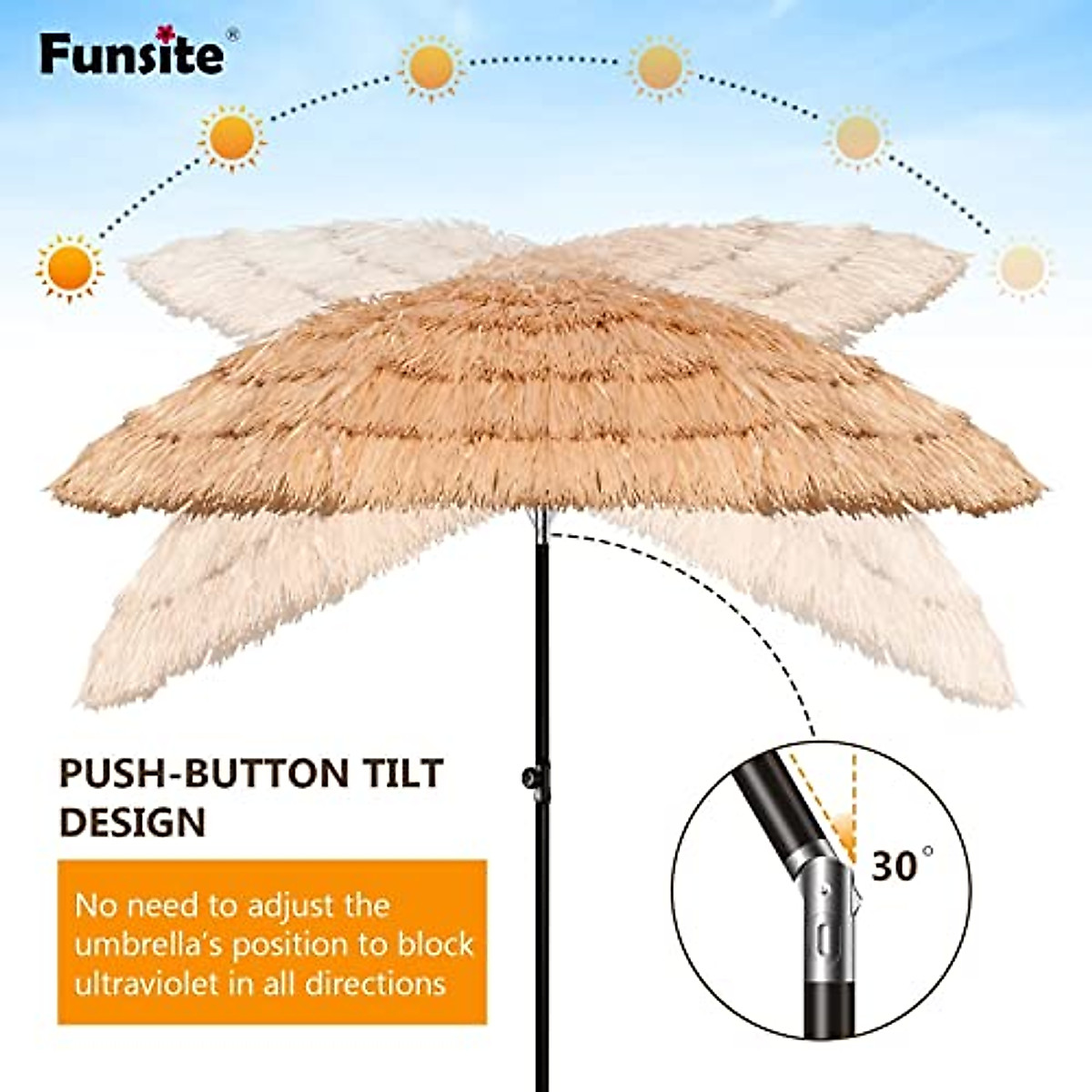 Funsite 6ft Tiki Umbrellas for Outside, UV Protect Thatch Umbrella with Tilt Design, Thatch Patio Umbrella for Outdoor Tiki Bar, Tropical Palapa Tiki Hut Hawaiian Hula Beach Umbrella