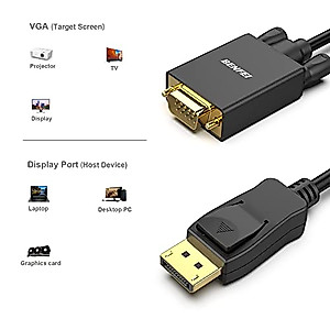 DisplayPort to VGA Adapter, Benfei DP DisplayPort to VGA 6 Feet Cable Male to Male Gold-Plated Cord Compatible for Lenovo, Dell, HP, ASUS and Other Brand