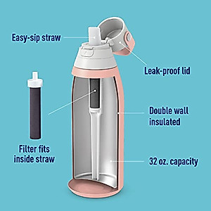 Brita Insulated Filtered Water Bottle with Straw, Reusable, Stainless Steel Metal, Rose, 32 Ounce