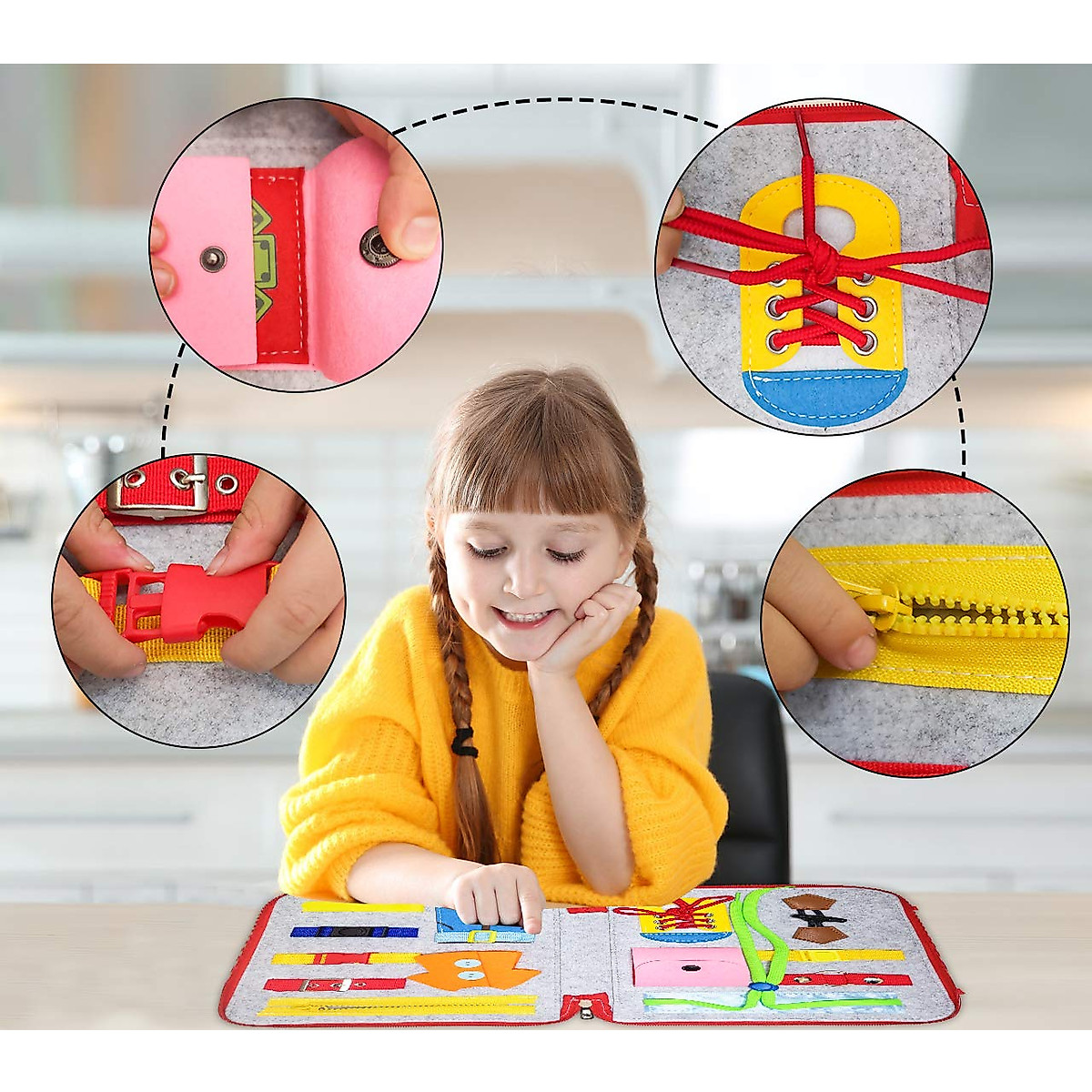 Busy Board for Toddlers 1-6, Travel Toys for Toddlers 1 2 3 4, Montessori Basic Skills Dress Zipper Latch Buckle Learning Book, Great Airplane Carseat Stroller Birthday Gift for Babies Boys and Girls