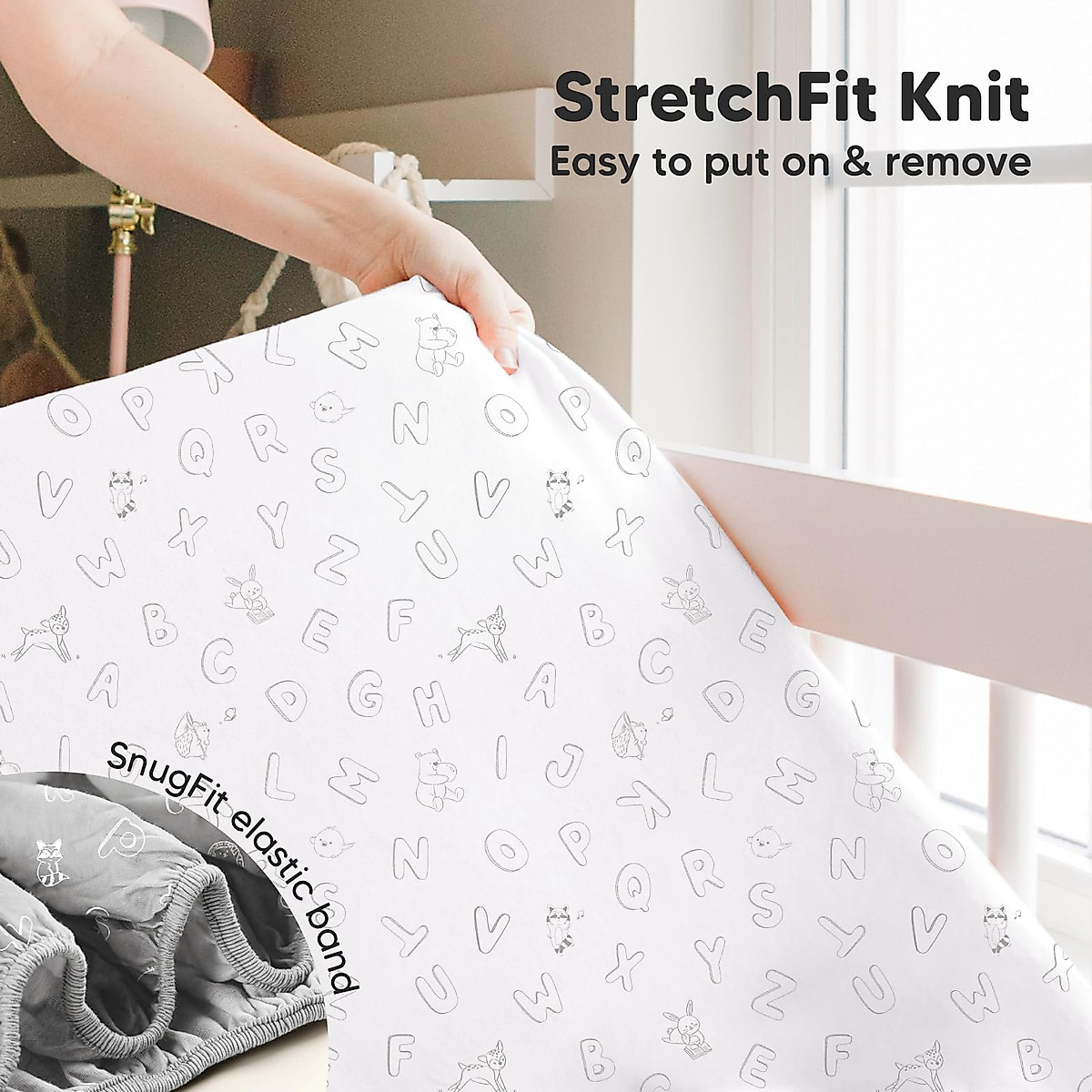 Pack and Play Sheets Fitted, 2-Pack Mini Crib Sheets - Pack N Play Sheets, Organic Fitted Crib Sheet for Pack and Play Mattress, Playard Baby Crib Sheets,Crib Sheets Neutral for Boys,Girls (ABC Land)